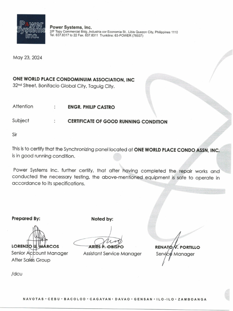CERTIFICATE OF GOOD RUNNING CONDITION FOR ONE WORLD CONDO ASSN INC. | PDF