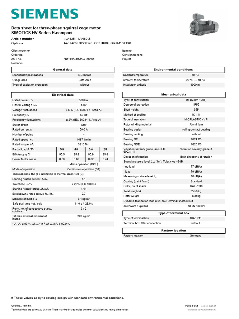 SIMOTICS HV Motor Data Sheet | PDF | Electric Motor | Electrical ...