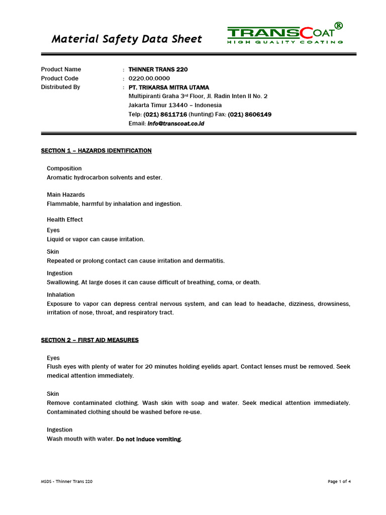 MSDS Thinner Trans 220 | PDF | Personal Protective Equipment | Water