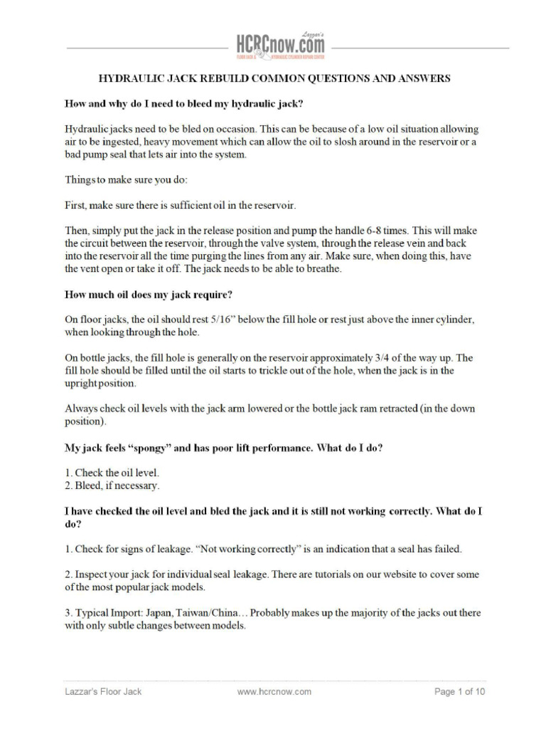 Hydraulic Jack Rebuild Common Questions | PDF