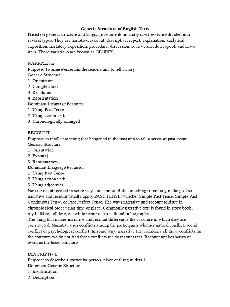 Generic Structure of English Texts | PDF | Narrative | Verb