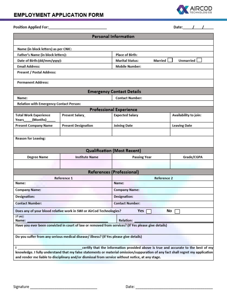 Employee Application Form 1 | PDF | Justice | Crime & Violence