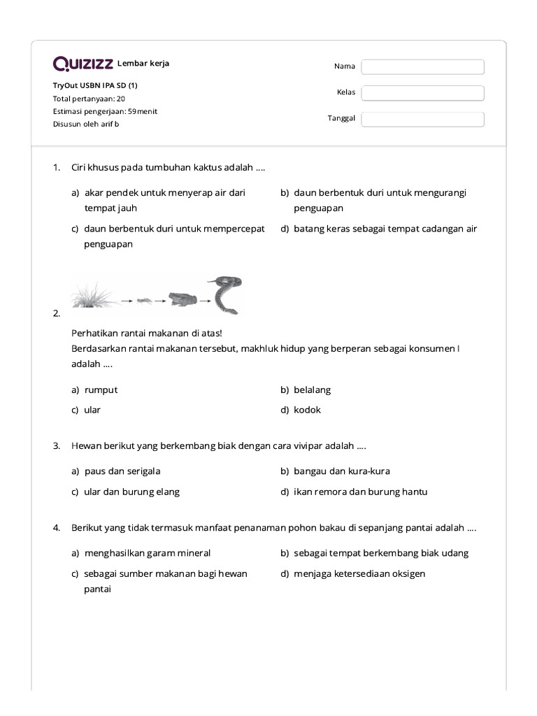 Tryout Usbn Ipa SD (1) - Quizizz | PDF