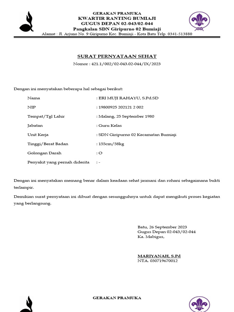 Surat Pernyataan dan Tugas Pramuka | PDF
