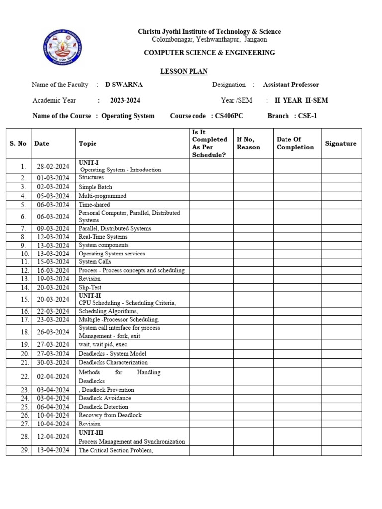 OS Lesson Plan CSE-1 | PDF | Process (Computing) | Computer Programming OS Lesson Plan CSE-1 | PDF | Process (Computing) | Computer Programming