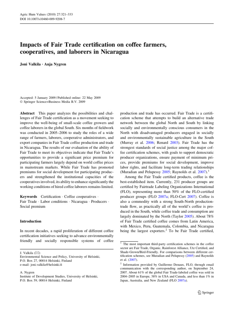 Impact of Fair Trade Certification On Coffee Farrmers, Cooperatives, and Laborer in Nicaragua ...