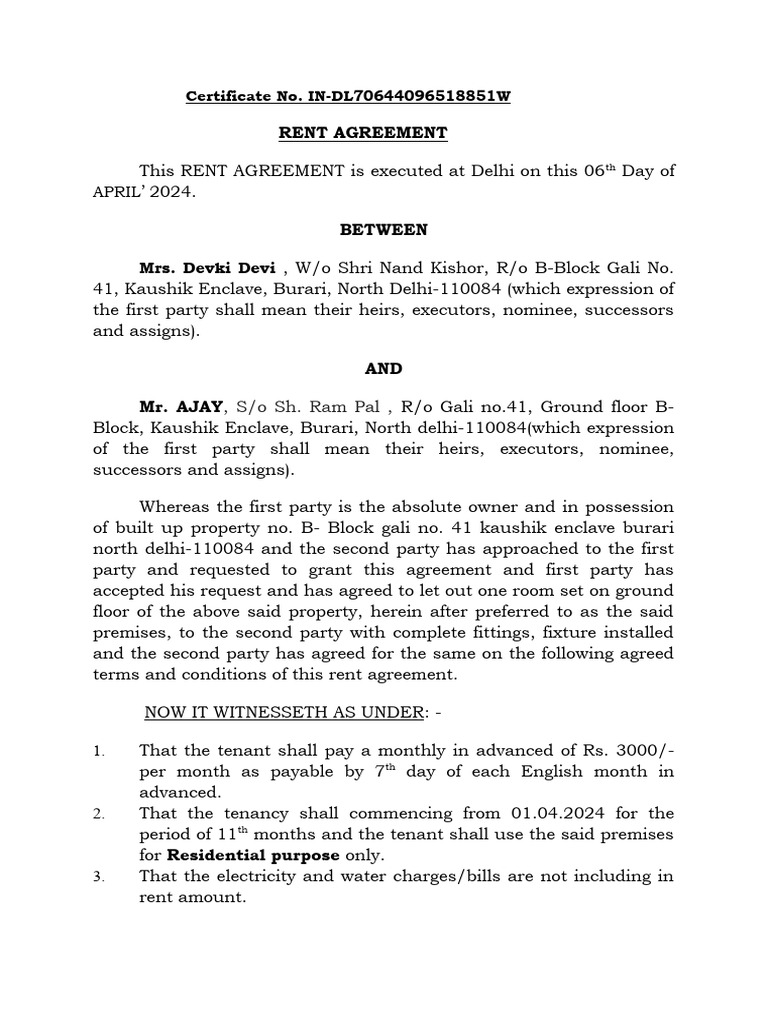Devki Devi Rent Agreement | PDF | Leasehold Estate | Landlord