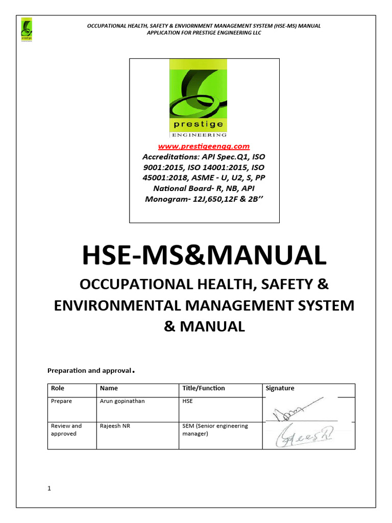 HSE Management System Manual for Prestige | PDF | Occupational Safety ...