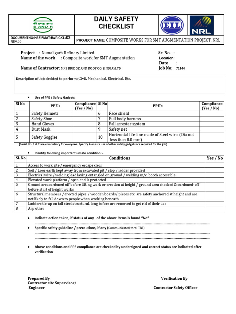Daily Safety Checklist | PDF | Personal Protective Equipment ...