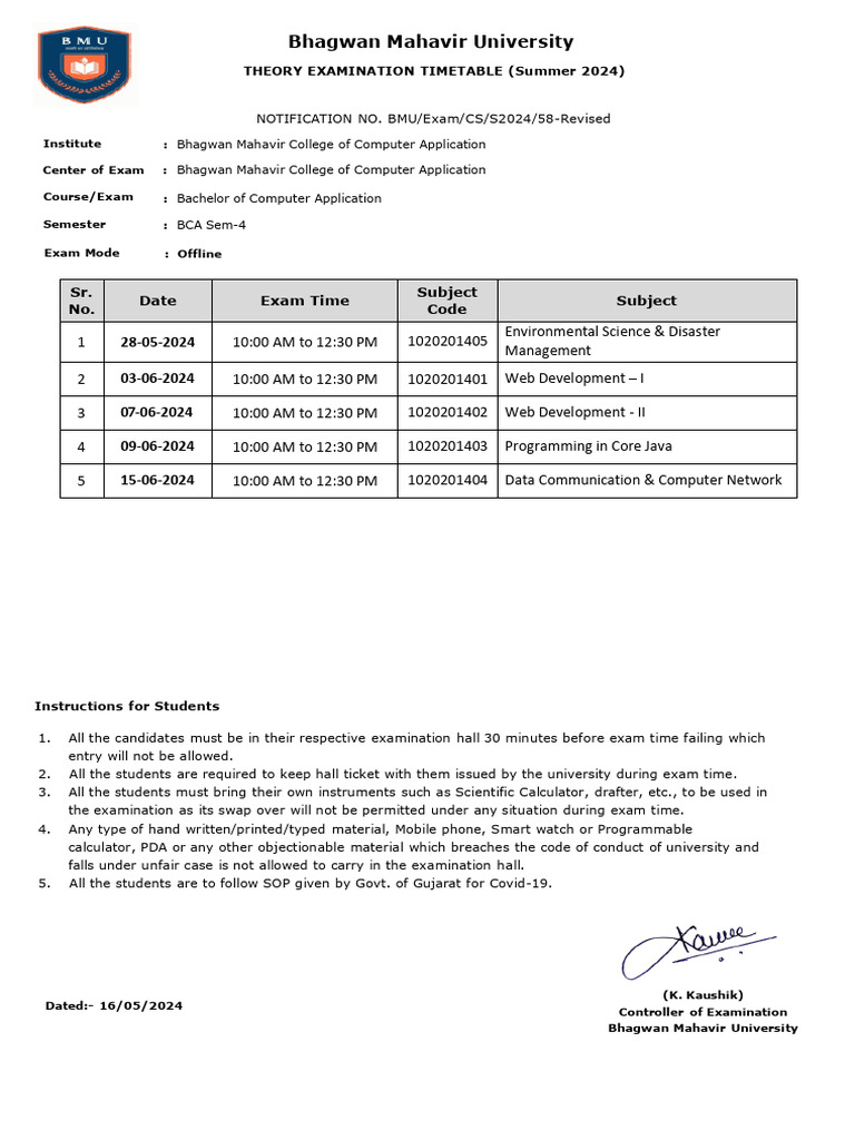 BCA Sem-4 Exam Timetable Summer 2024 | PDF | Information And ...