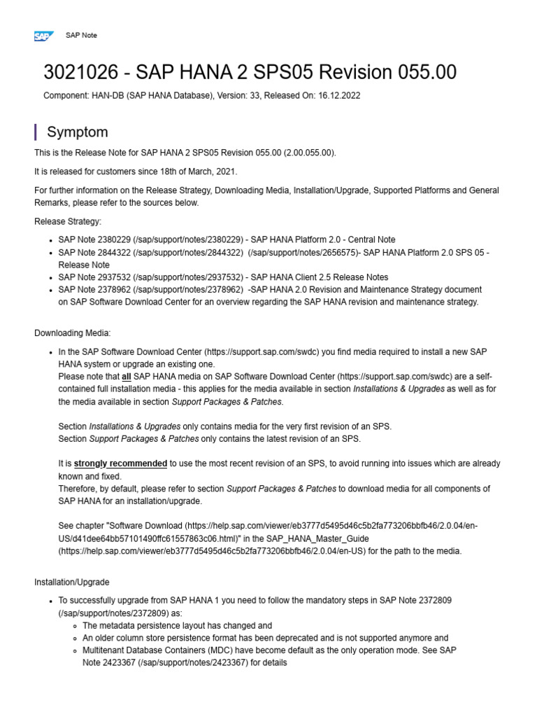 SAP HANA 2 SPS05 Revision 055.00 | PDF | Computer Programming | Computer Engineering