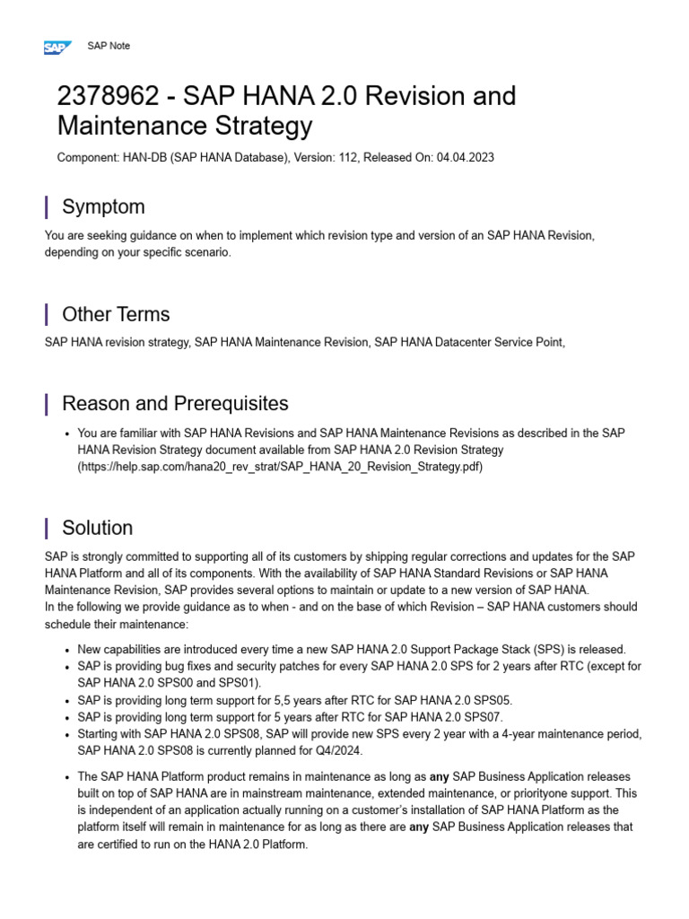 SAP HANA 2.0 Revision and Maintenance Strategy | PDF | Sap Se | Software