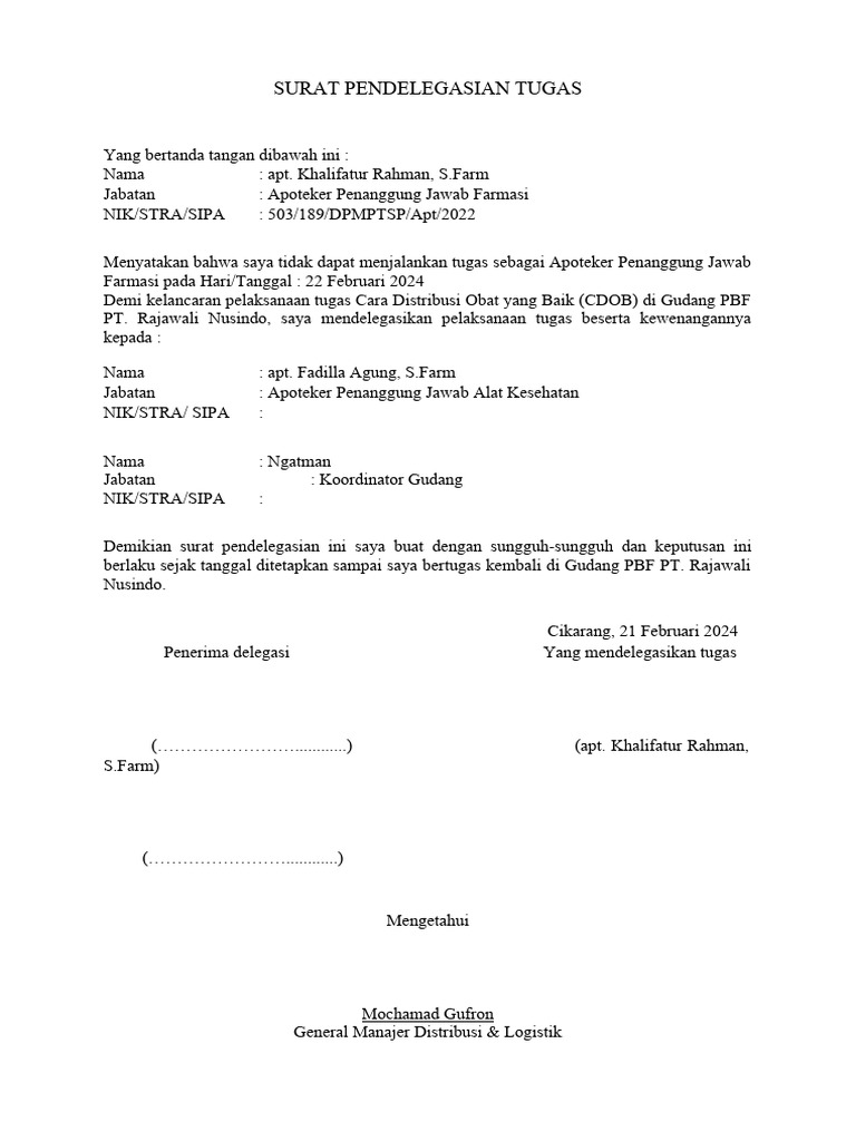 Surat Pendelegasian Tugas Apt | PDF