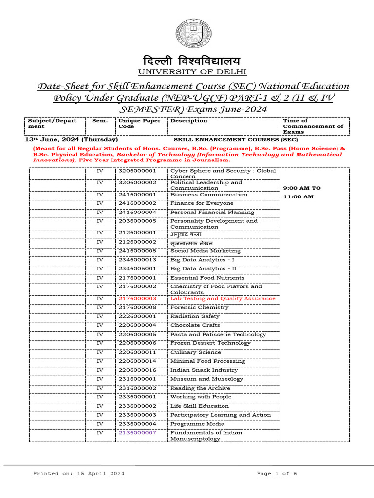 Delhi University SEC Exam Schedule 2024 | PDF | Educational Technology ...
