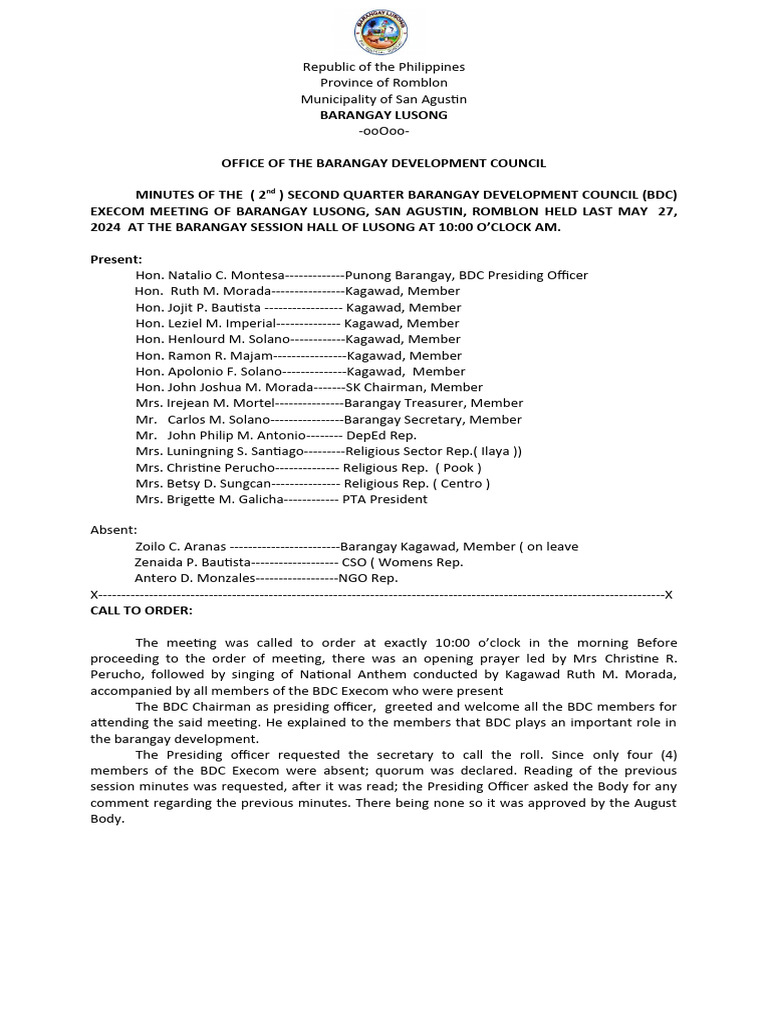 BDC Execom Meeting May 27 2024 | PDF | Government