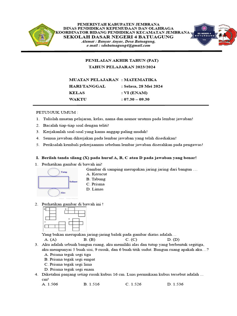 Soal Pat Matematika Kelas Vi 2023-2024 | PDF