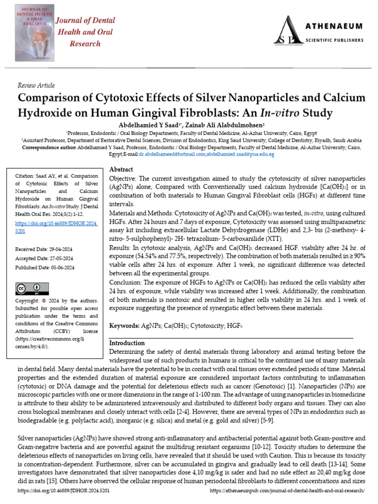 Comparison of Cytotoxic Effects of Silver Nanoparticles and Calcium ...