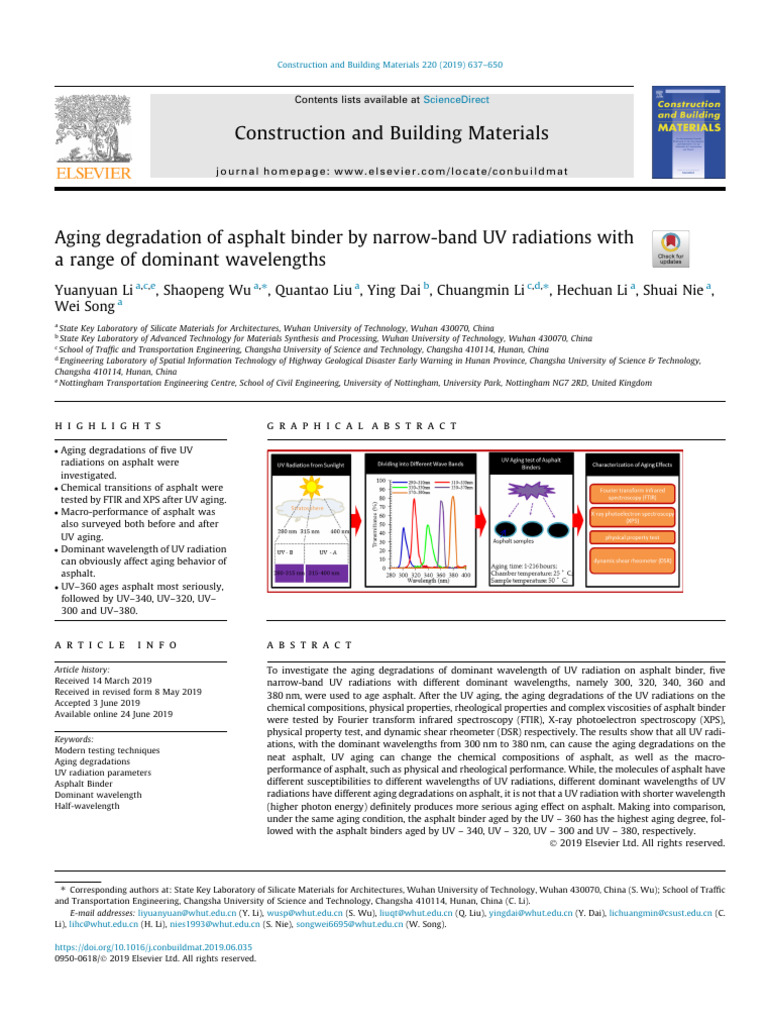 Aging Degradation of Asphalt Binder by Narrow-band UV Radiations Witha Range of Dominant ...