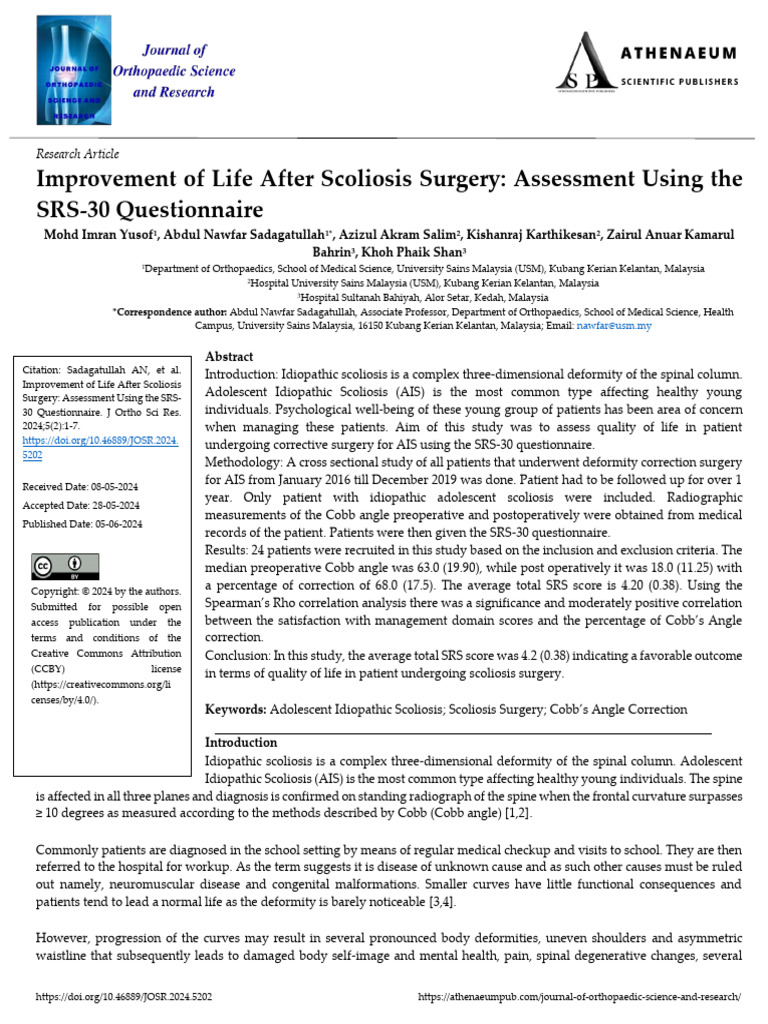 Improvement of Life After Scoliosis Surgery Assessment Using The SRS 30 ...