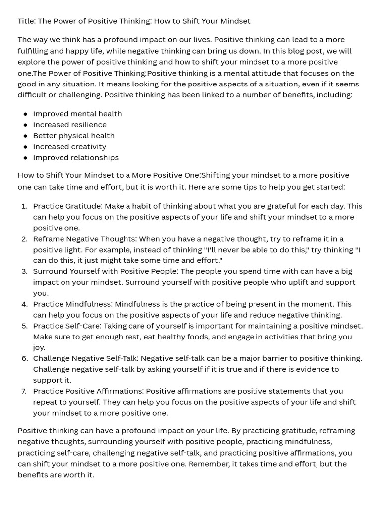 The Power of Positive Thinking | PDF | Thought | Gratitude