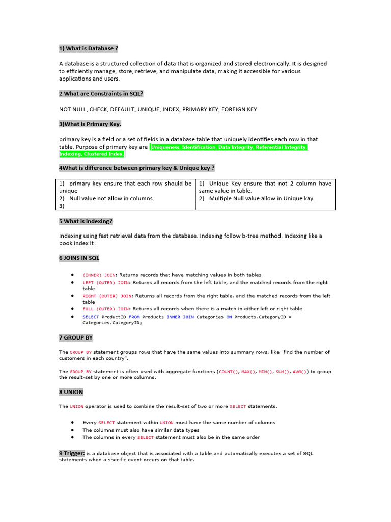 1) What Is Database ?: Uniqueness, Identification, Data Integrity, Referential Integrity ...