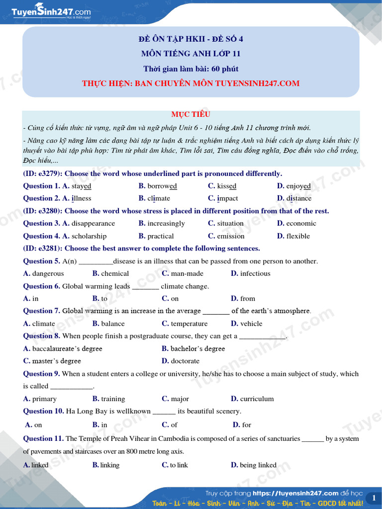 4. Đề Ôn Tập HKII - Môn Anh 11 - Đề Số 4 | PDF | Tropical Cyclones | Storms