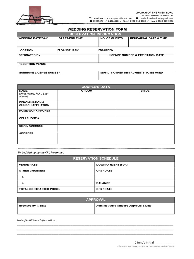 Wedding Reservation Form Template | PDF | Wedding | Fee