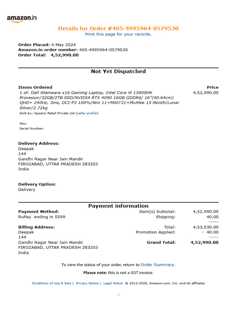 Amazon - in - Order 405-4995964-0579530 | PDF | Computer Hardware