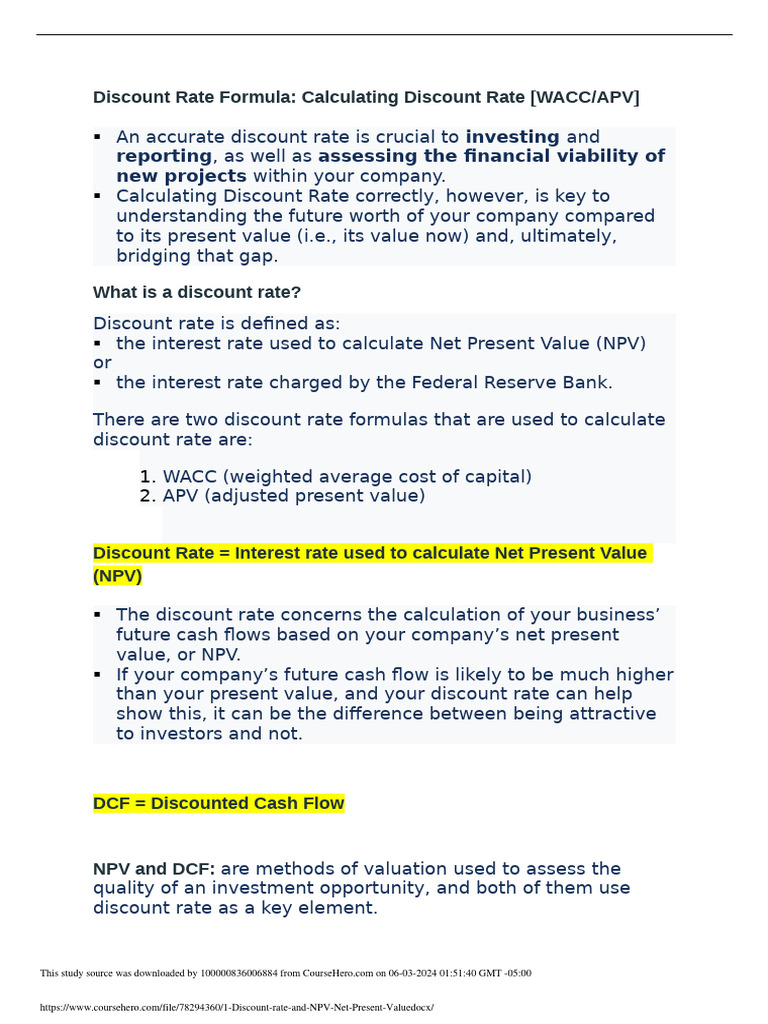 Discount Rate and NPV Net Present Value | PDF | Net Present Value ...