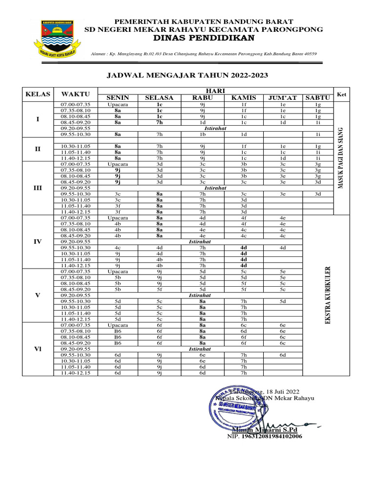 Jadwal Mengajar Kelas PAI 2022-2023 | PDF