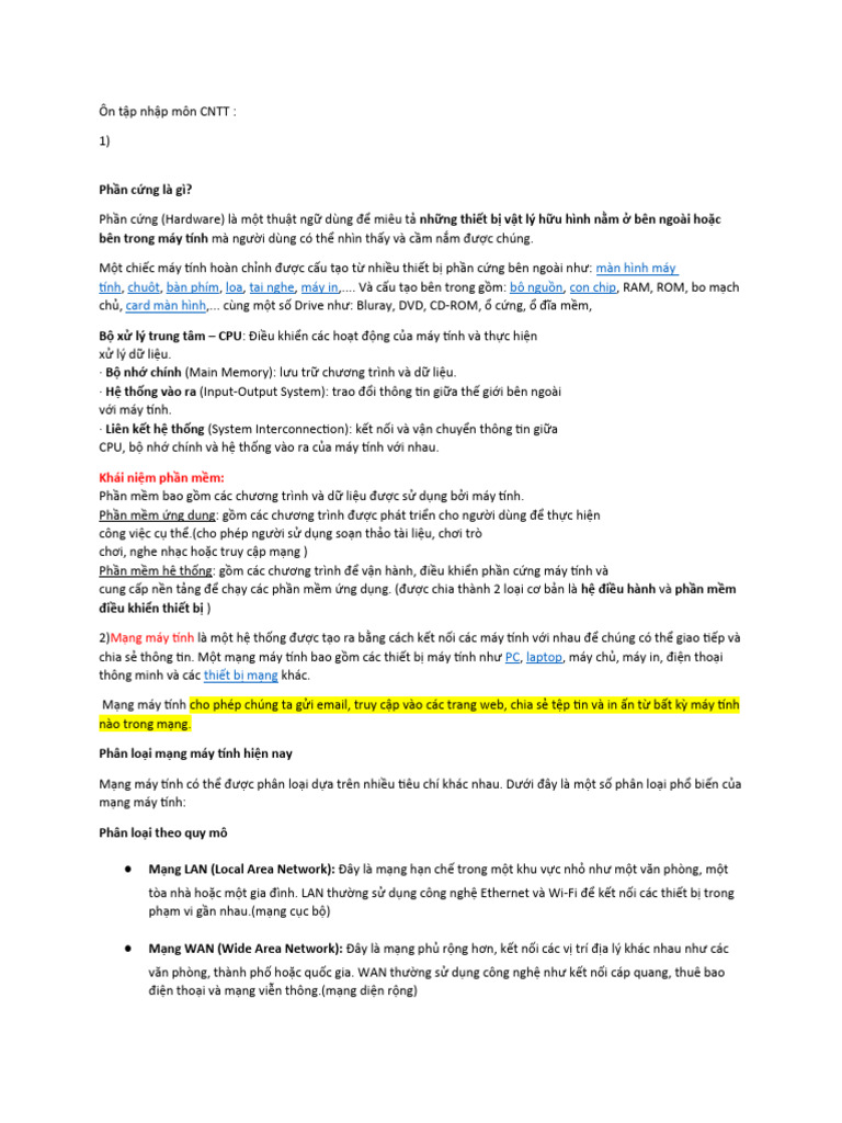 Ôn tập nhập môn CNTT 1 | PDF