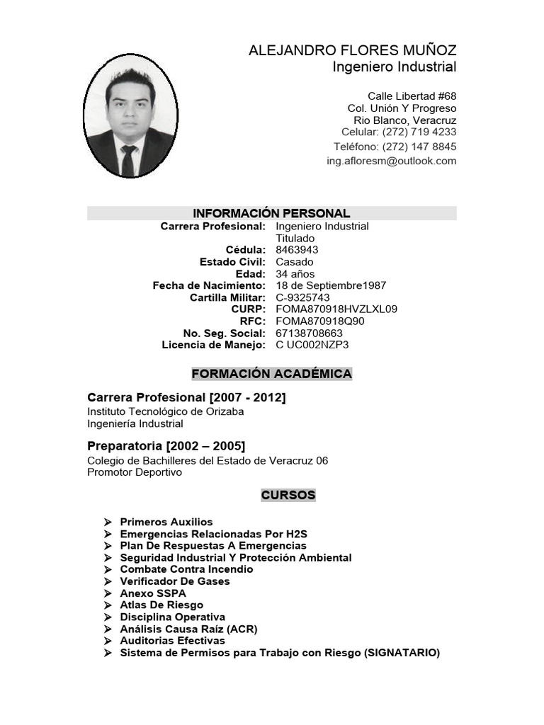 Cv Ing. Alejandro Flores Muñoz | Descargar gratis PDF | Ingeniería Industrial | Ingeniería