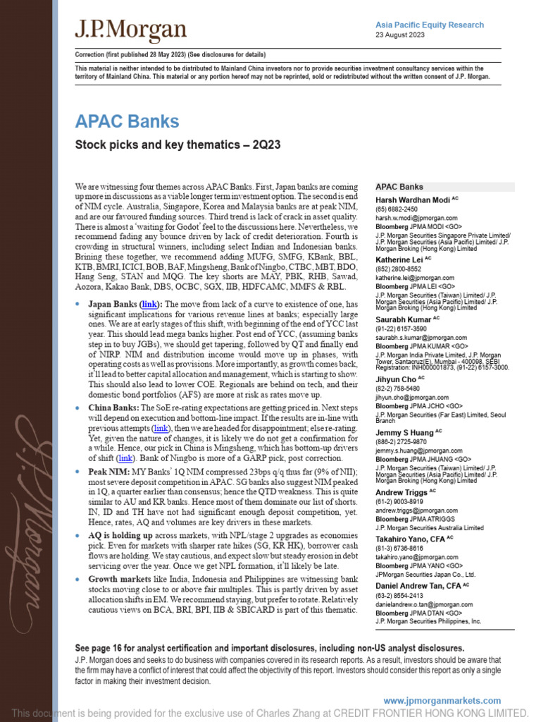 APAC Banks: Investment Insights Q2 2023 | PDF | Banks | Jp Morgan Chase