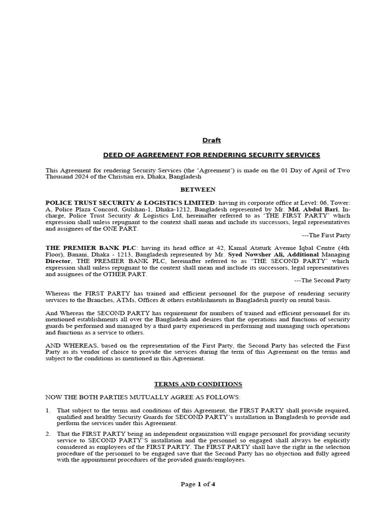 Draft Deed of Agreement for Rendering Secuirty Services_THE PREMIER BANK PLC | PDF | Security ...