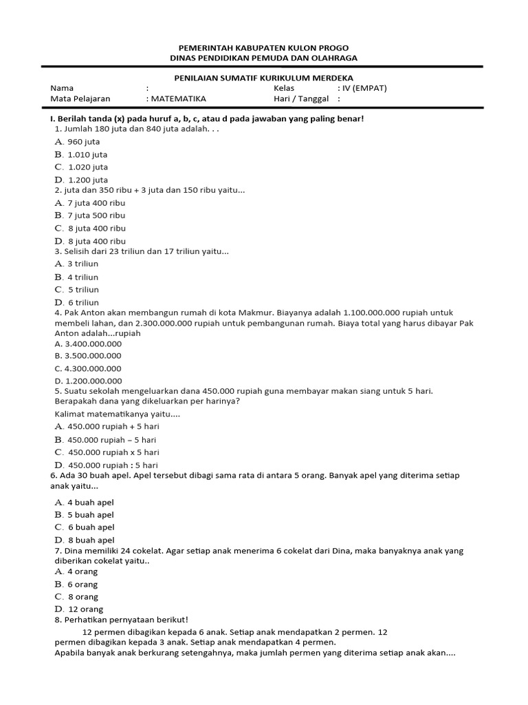 Soal Sumatif PAS MTK Kelas IV Semester 1 | PDF | Metode & Bahan Ajar