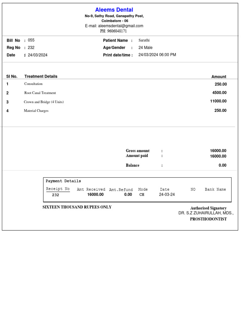Dental Treatment Receipt - Root Canal | PDF