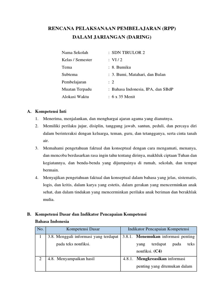 RPP Daring Kelas 6 Tema Bumiku | PDF | Karier & Perkembangan | Komputer