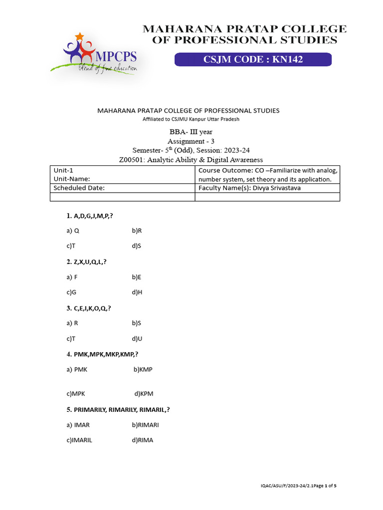 Bba 5th Sem Assignment 3 Format 1 | PDF | Science & Mathematics
