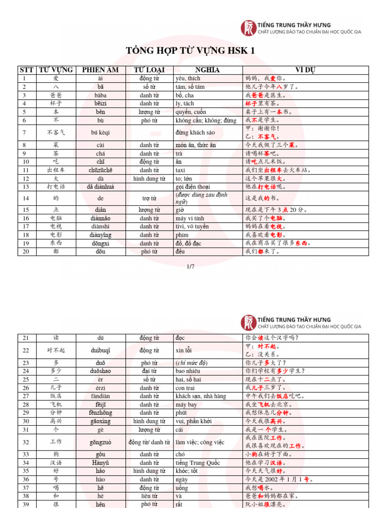 T NG H P T V NG HSK 1 | PDF