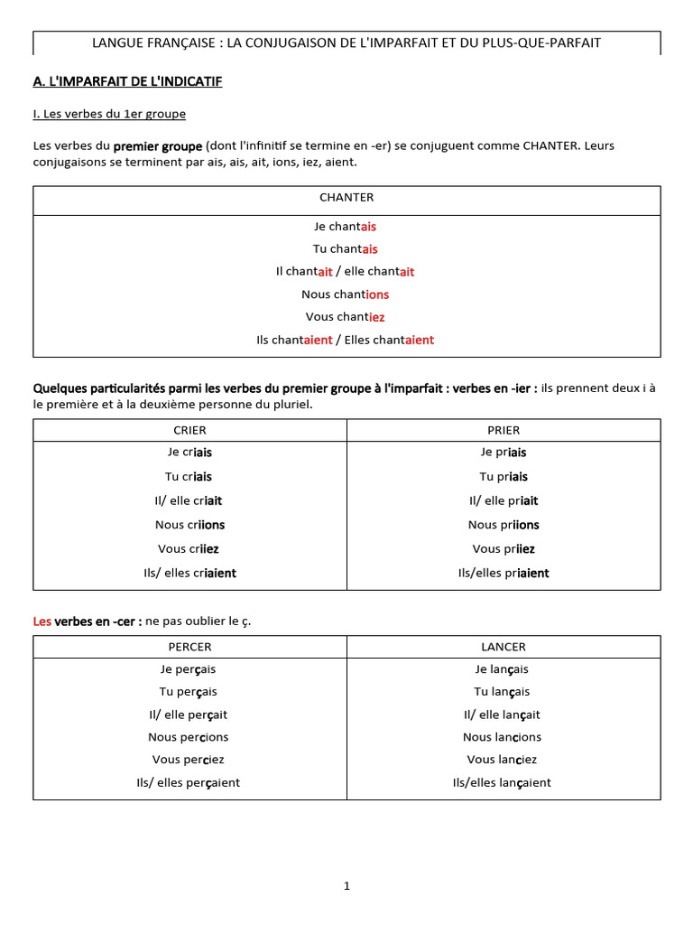 L'Imparfait Et Le Plus-Que-Parfait - Leçon 3e | PDF | Verbe | Conjugaison