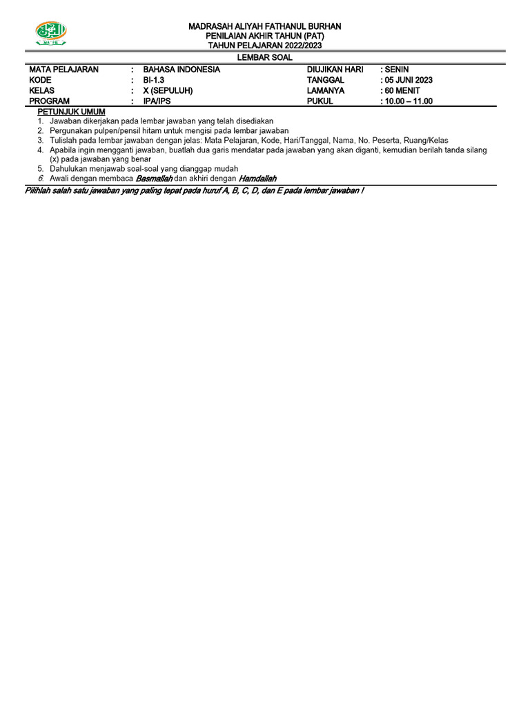 Kop Soal Pat 2024 | PDF