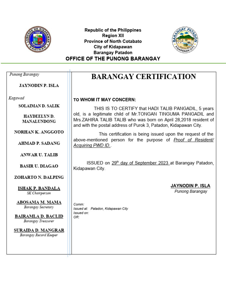 Cert. Proof of Resident HADI | PDF