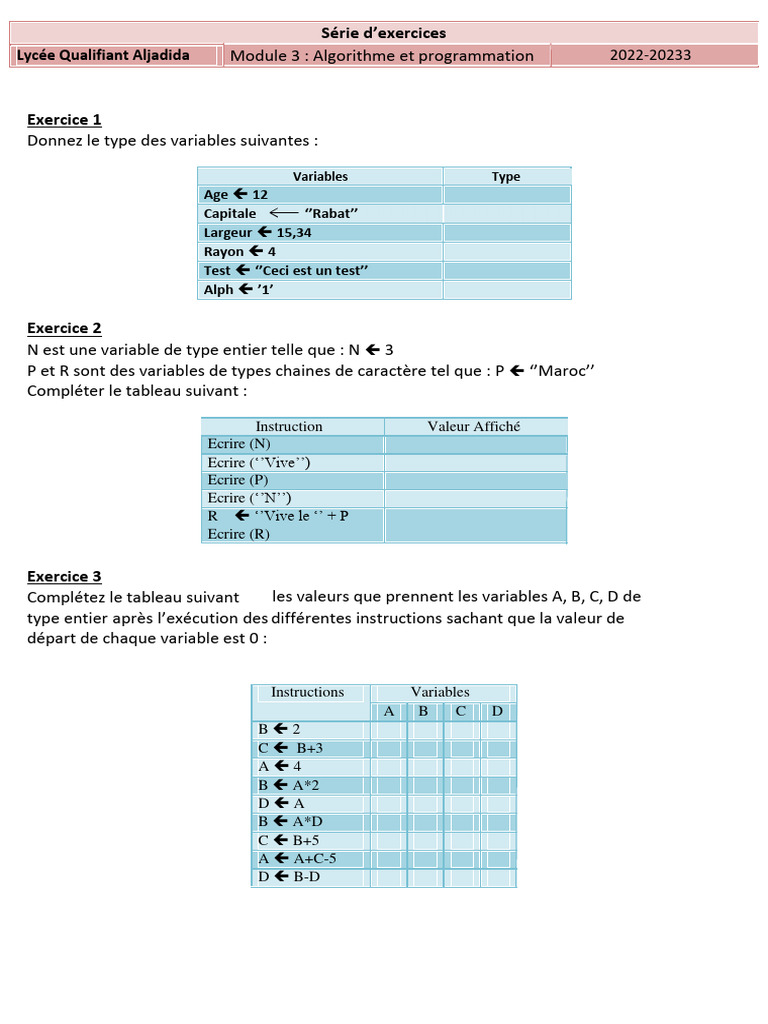 Exercices d'algorithme et programmation | PDF | Informatique théorique | Programmation informatique