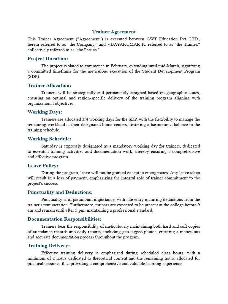 Trainer Agreement for GWT Education | PDF | Finance & Money Management