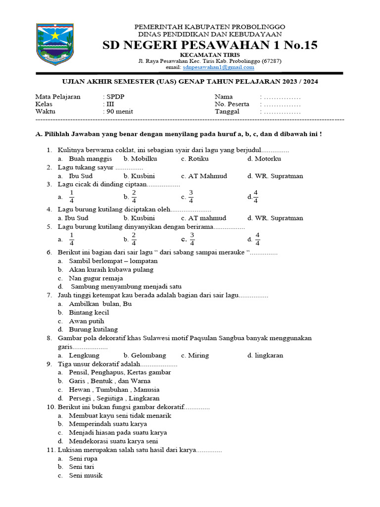 Soal SPDP Kelas 3 | PDF | Seni & Disiplin Bahasa | Seni