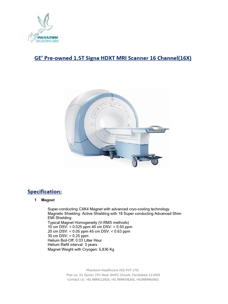GE' Pre-Owned 1.5T Signa HDXT MRI Scanner 16 Channel (16X) | PDF ...
