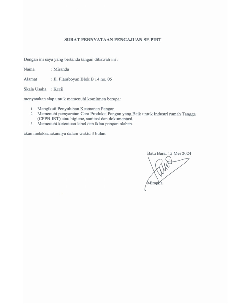 Surat Pernyataan Pengurusan P-IRT | PDF
