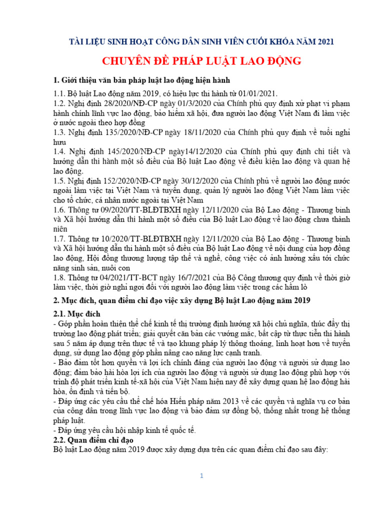 Bai Sinh Hoat Cuoi Khoa 2021 Chuyen de Phap Luat Lao Dong | PDF
