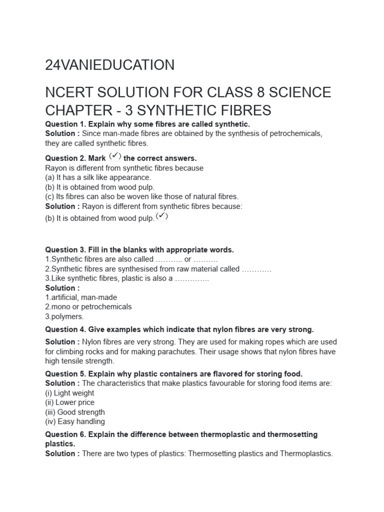 Ncert Solution For Class 8 Science Chapter - 3 Synthetic Fibres | PDF | Fibers | Plastic