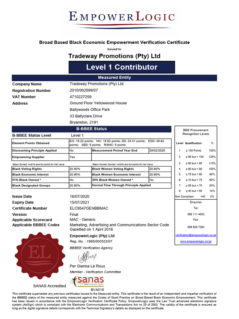 Tradeway Promotions B-BBEE Certificate | PDF | Affirmative Action ...